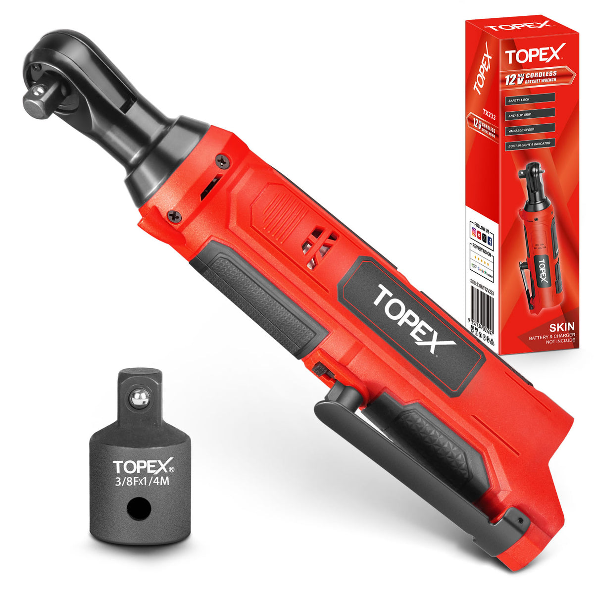 TOPEX 3 8 12V Cordless Electric Ratchet Wrench 45NM 300RPM Variable Speed LED Light Skin Only without Battery