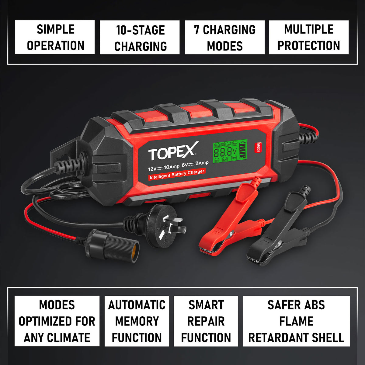 TOPEX Car Battery Charger 10A 6V 12V Smart Automatic Battery Charger Maintainer with LCD Display for Lead Acid LiFePo4 Battery in Truck Motorcycle
