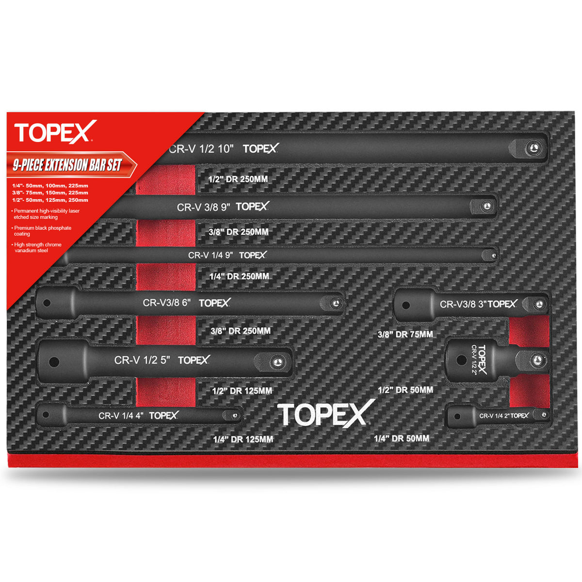 TOPEX 9-Piece Extension Bar Set 1/4" 3/8" and 1/2" Black Drive Socket – topto