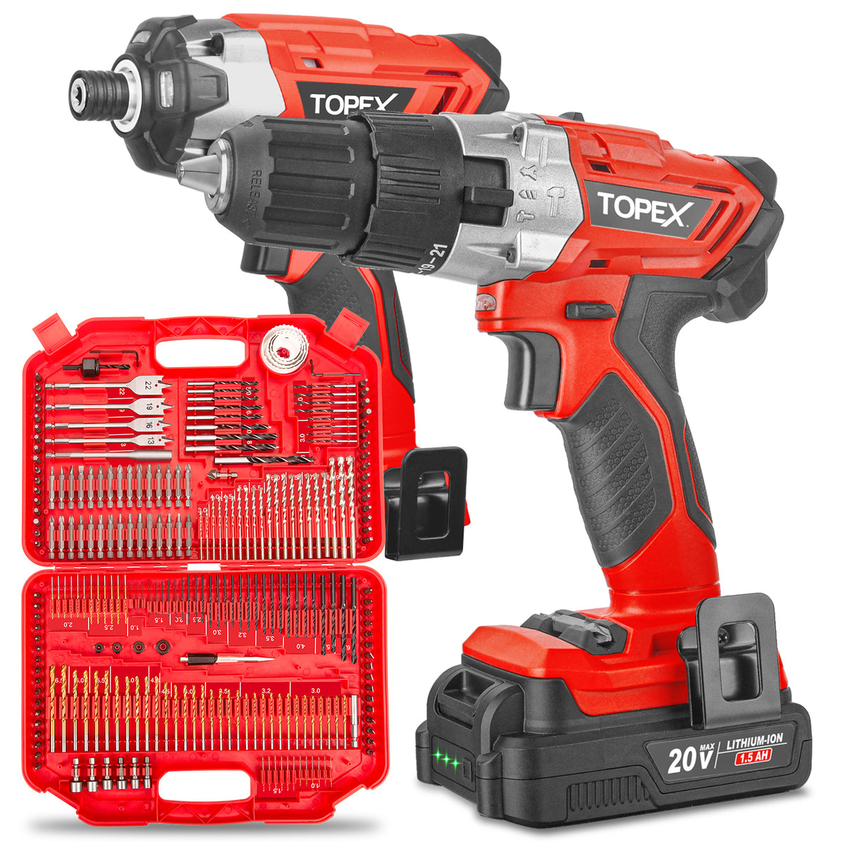 TOPEX 20V Cordless Hammer Drill Impact Driver Power Tool Combo Kit w ...