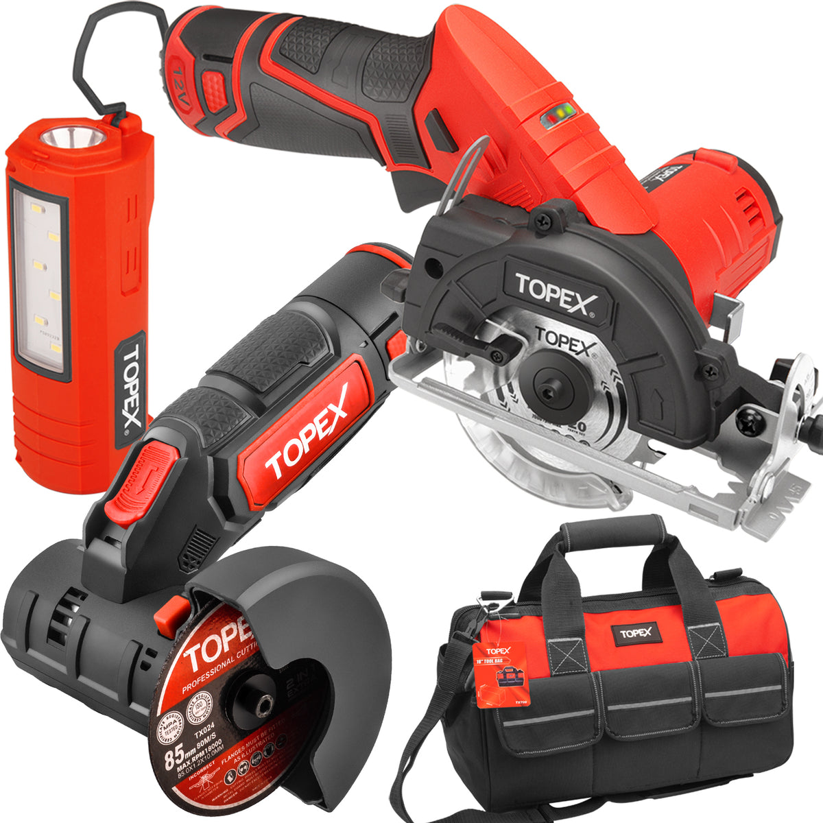 TOPEX 12V Cordless Power Tool Kit Angle Grinder Circular Saw LED Torch ...