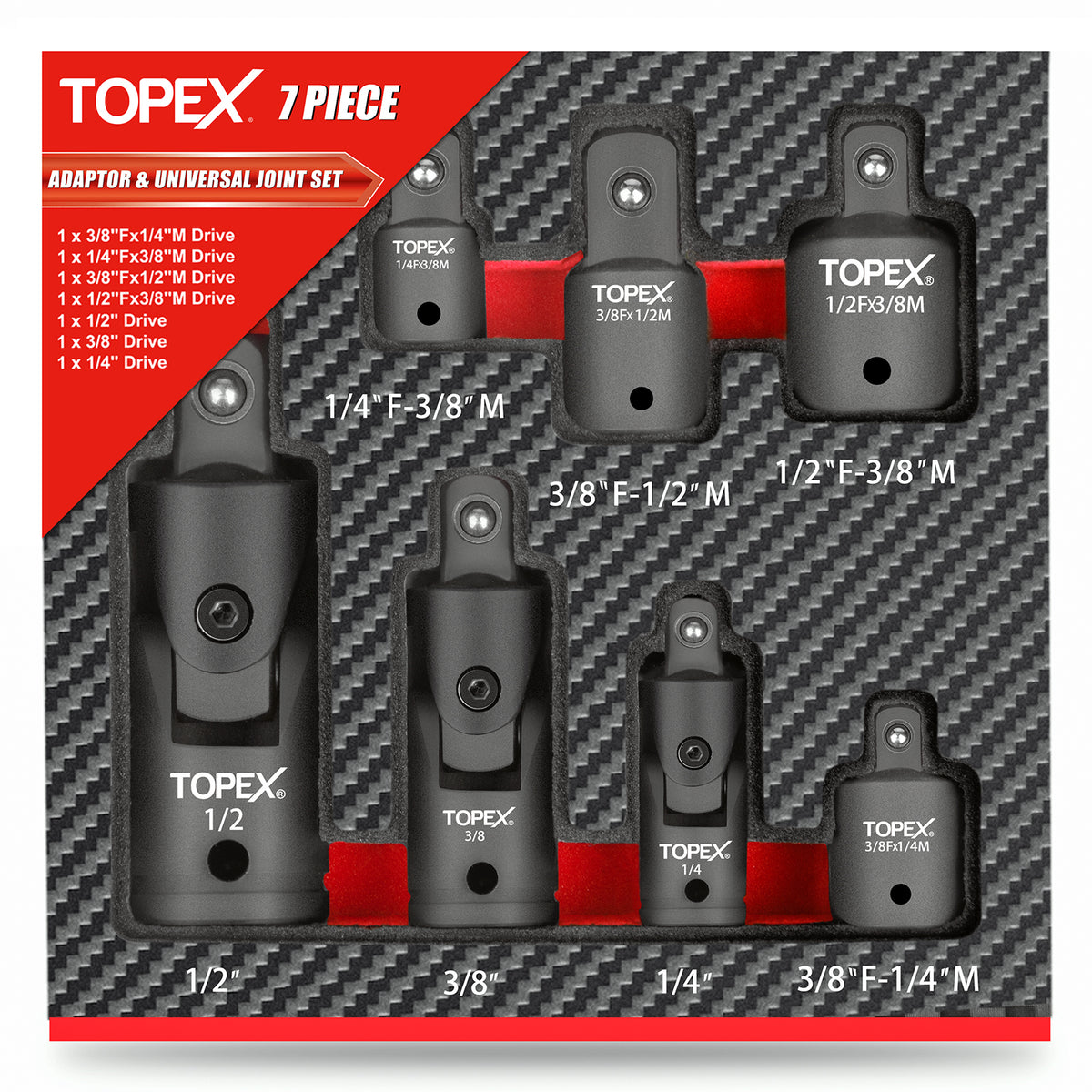 TOPEX 7-piece socket adaptor set 1/4" 3/8" and 1/2" universal joint so ...