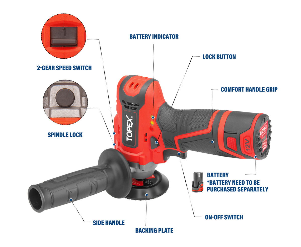 TOPEX 12V Cordless Polisher 3" Mini Car Detailing Buffer & Sander Skin ...