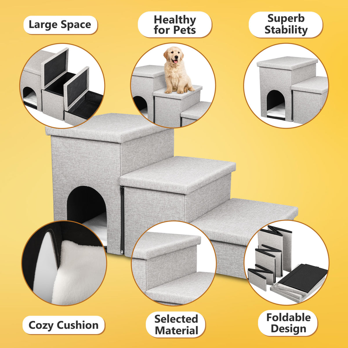 truepal 3 Steps Portable Pet Soft Plush Ladder Dog Cat Stairs Ramp wit ...
