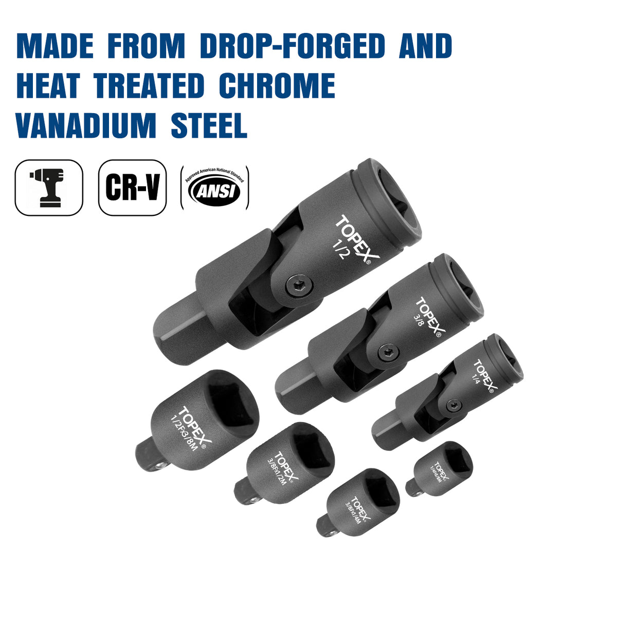 TOPEX 7-piece socket adaptor set 1/4" 3/8" and 1/2" universal joint so ...