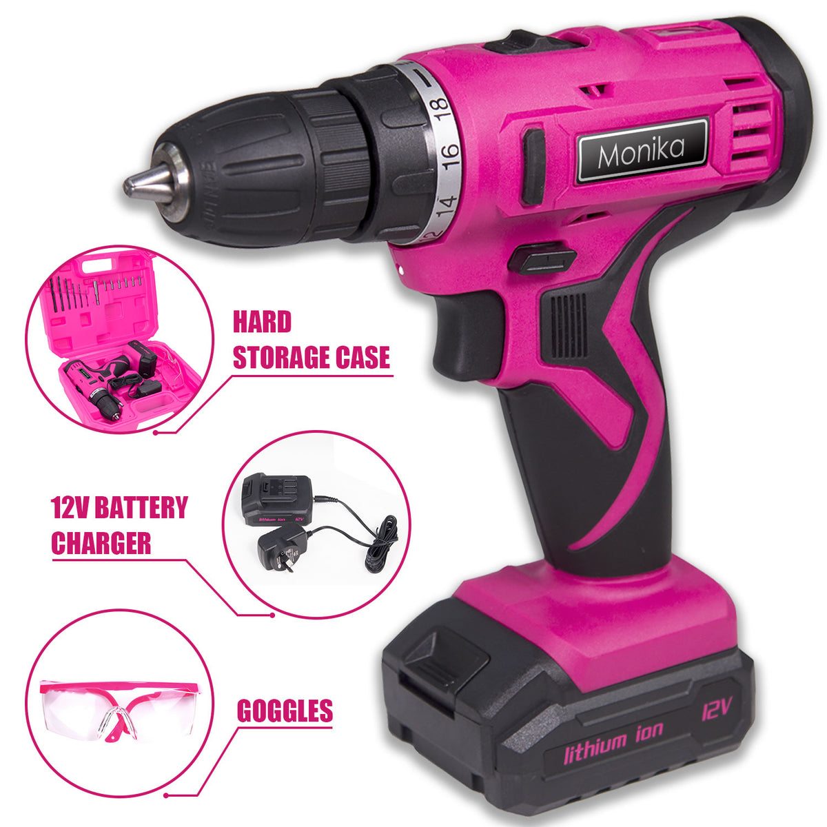 Monika Pink Tool Combo Cordless Drill Driver Electric Cutter Bottle Op ...