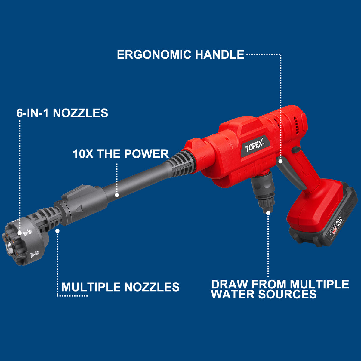 TOPEX 20V Cordless Pressure Washer, 6-in-1 Nozzle for Washing Car/Wall ...