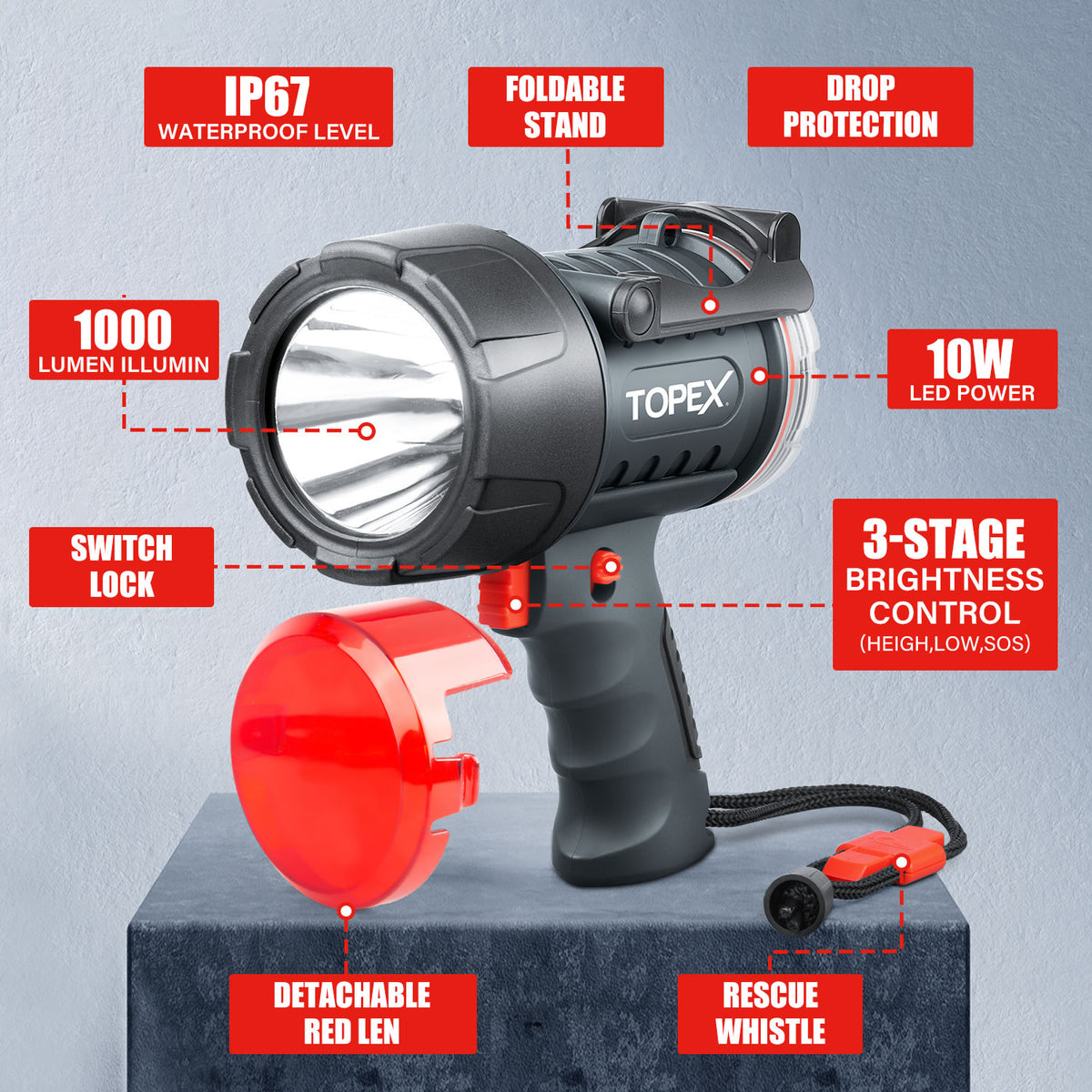 TOPEX Rechargeable Spotlight with 1000 Lumen Cree LED, IP67 Waterproof ...