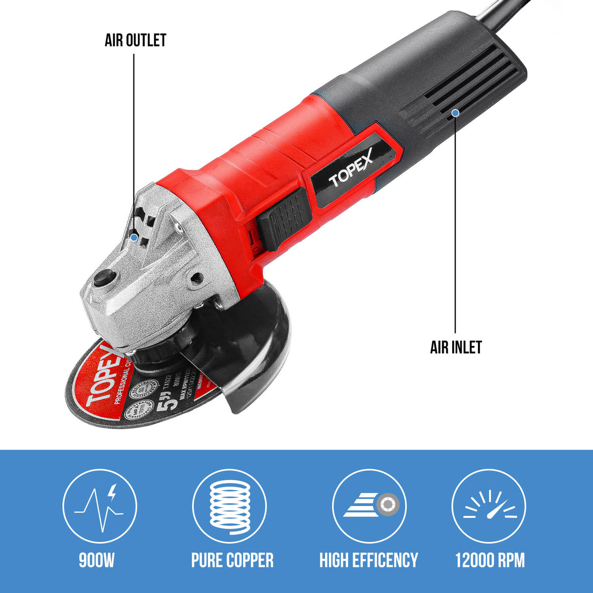 TOPEX 900W 125mm 5'' Angle Grinder w/ 20PCs 115mm Combo Discs Cut Grin ...