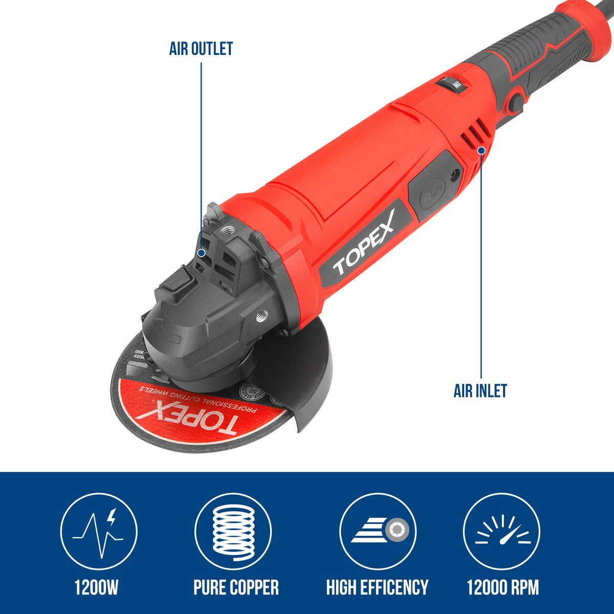 TOPEX 1200W Angle Grinder Heavy Duty 125mm 5" Angle Grinder w/ Cutting ...