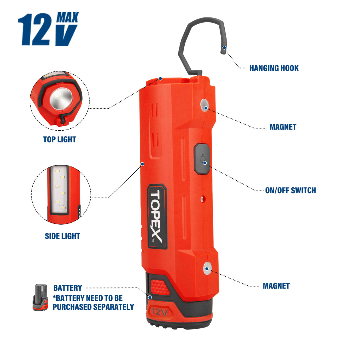 TOPEX 12V Cordless Polisher Lithium-Ion LED Torch w/ Battery & Charger ...