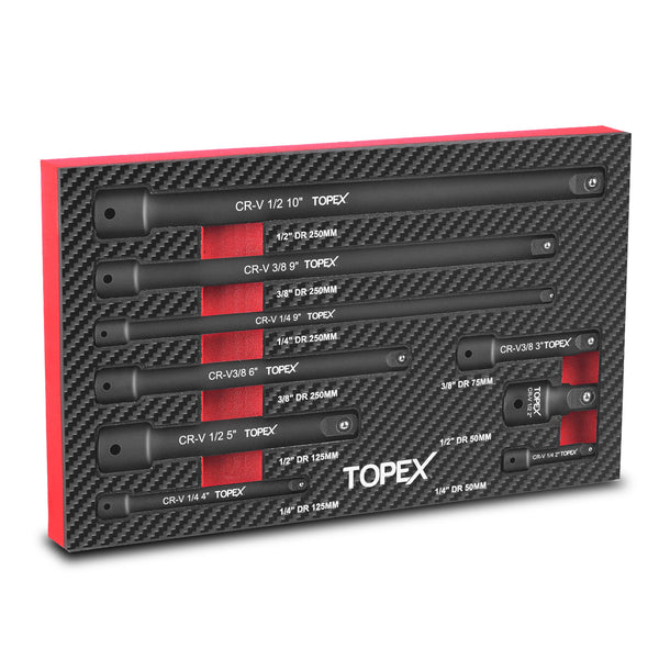 TOPEX 9-Piece Extension Bar Set 1/4" 3/8" and 1/2" Black Drive Socket ...