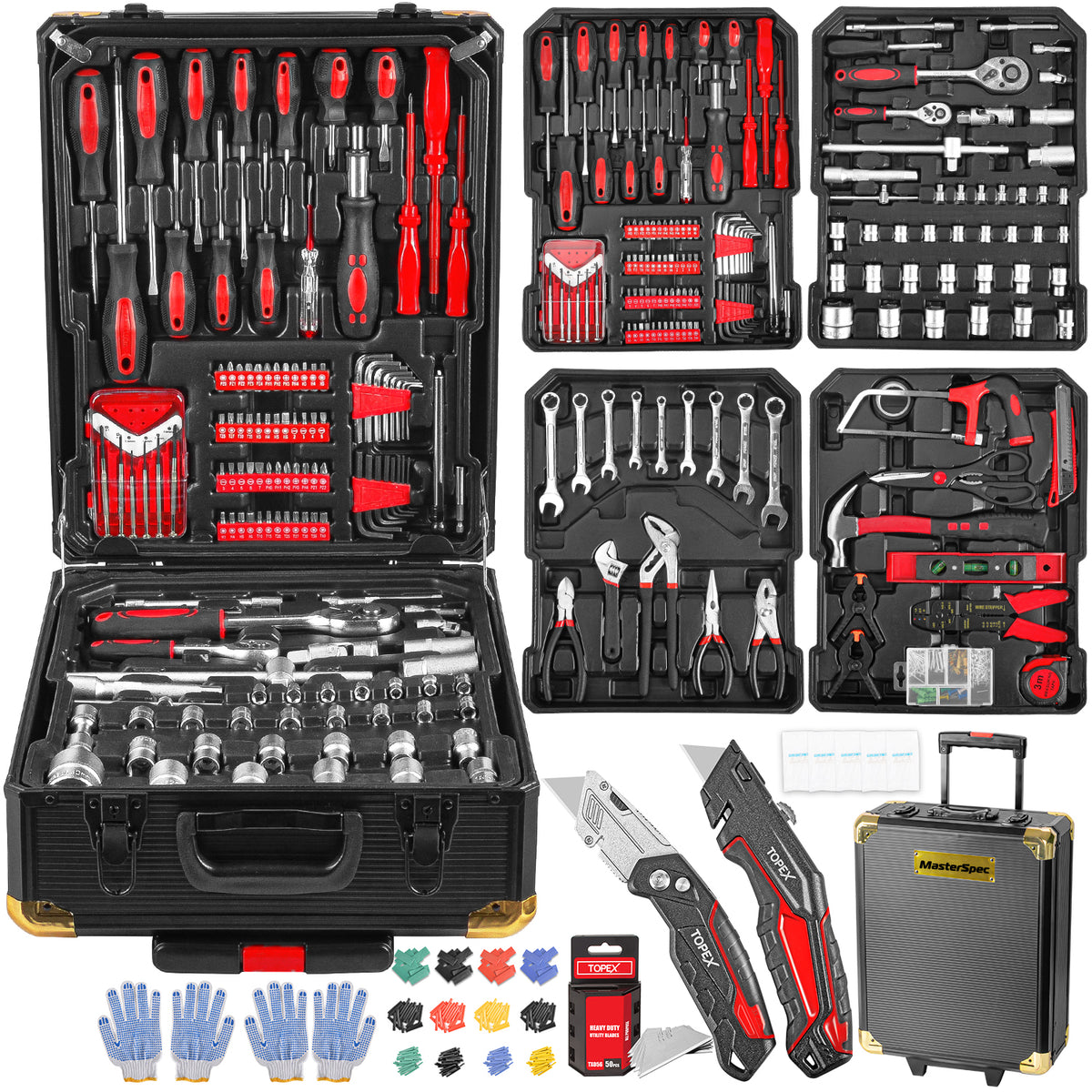 MasterSpec 1240pcs Tool Box Trolley Tool Set DIY Hand Tool Set w/2 Uti ...